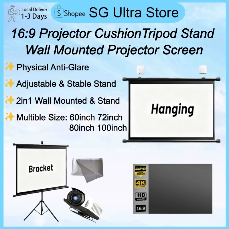 16:9 Projector Screen Projector Tripod Screen 60/72/84/100 Inches ...