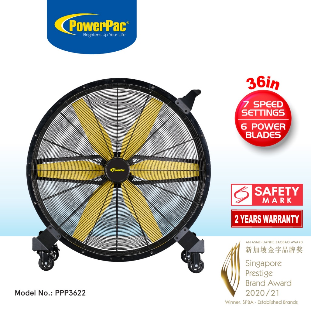PowerPac 36” Big Industrial Drum Fan - Powerful, Direct-drive Motor, 6 ...