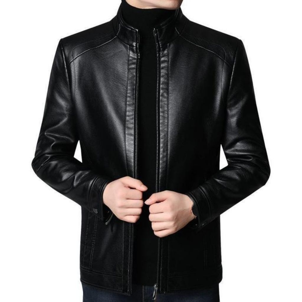 SG STOCK Men's Leather Jacket Stand Collar PU Leather Jacket Men's ...
