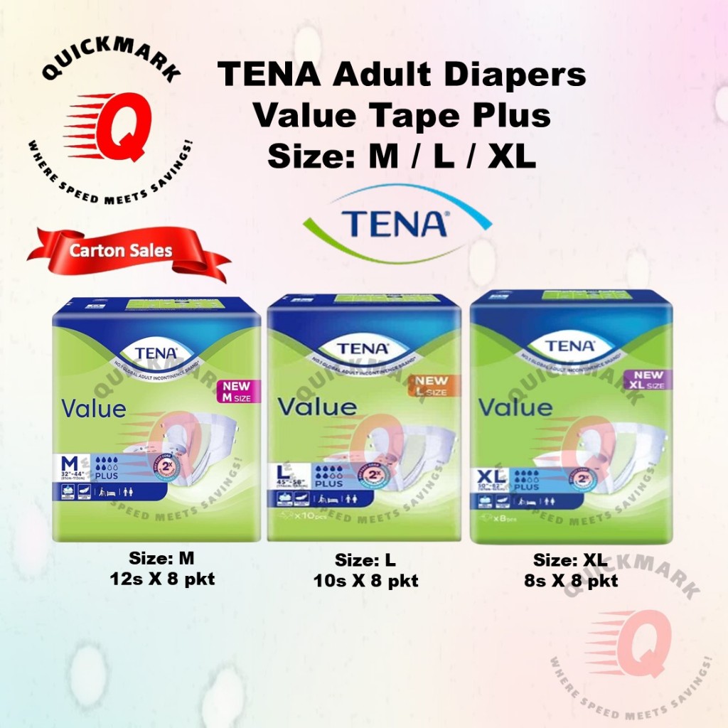 [ Carton Deal ] TENA Adult Diapers Tape Value Plus | Size M | L & XL ...