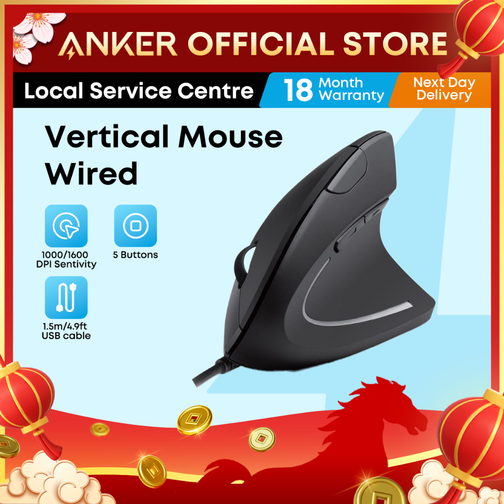 Anker Ergonomic Optical USB Wired Vertical Mouse With 1000/1600 DPI 5 ...