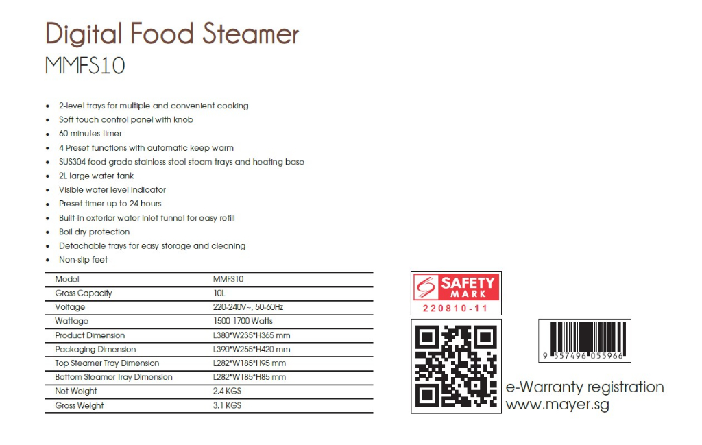 Mayer 10L Digital Food Steamer [MMFS10] | Shopee Singapore