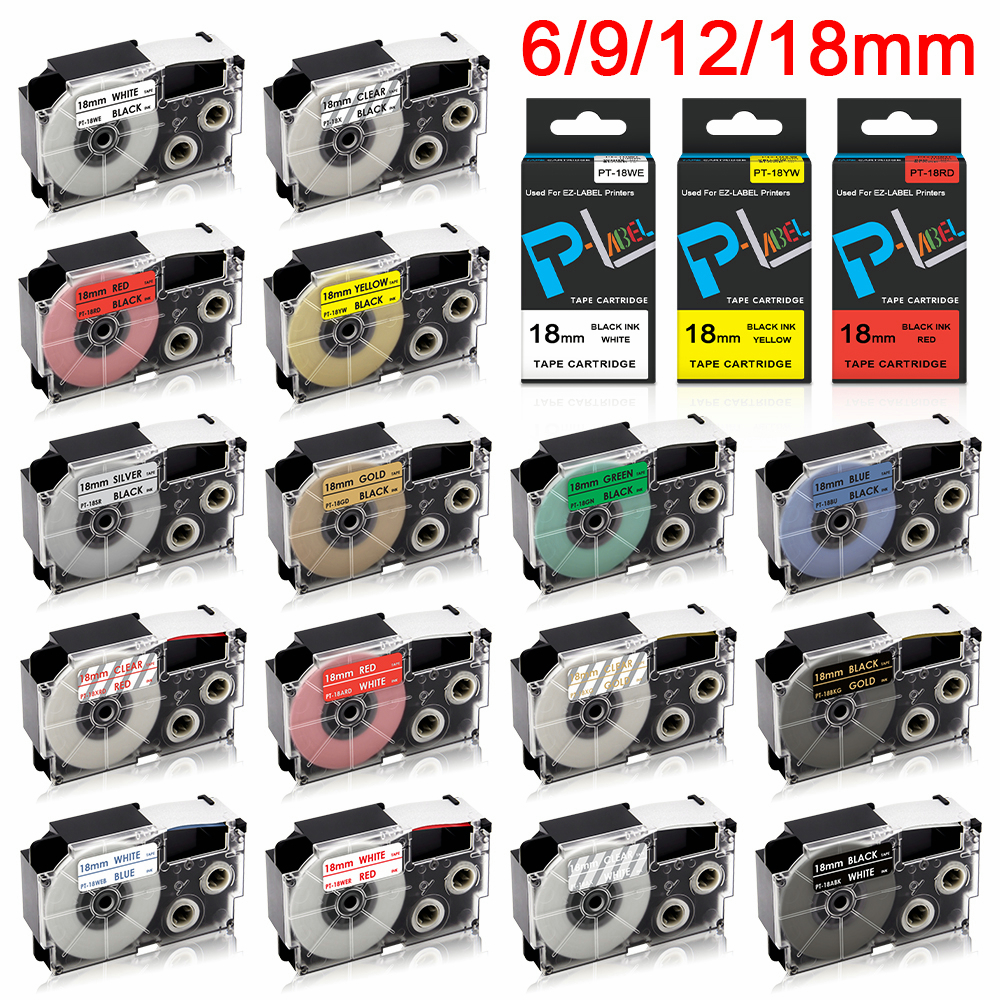 Compatible Casio Label tape XR-12WE XR-12X XR-12RD XR-12BU XR-12YW XR-12GN XR-12GD label tape ...