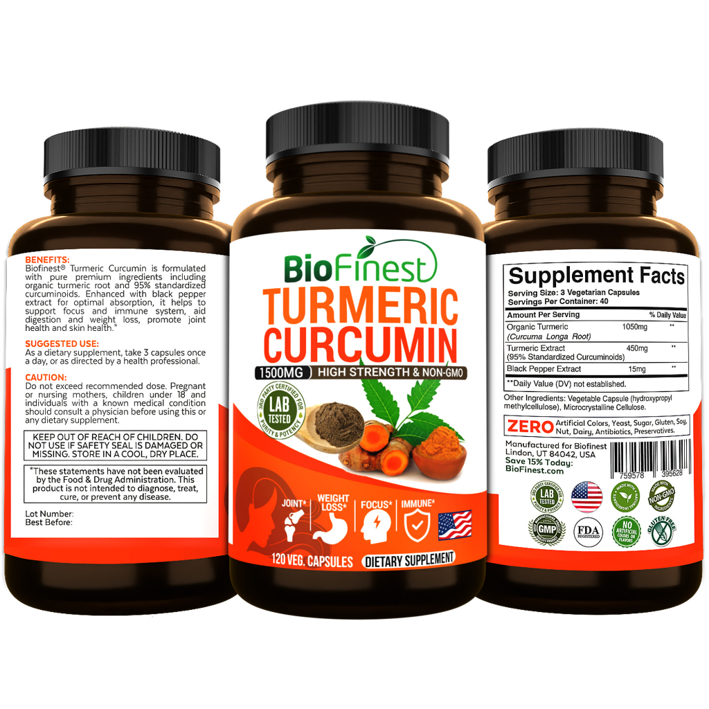 Biofinest Turmeric Curcumin 1500mg 95% Curcuminoids -Fast Absorption ...