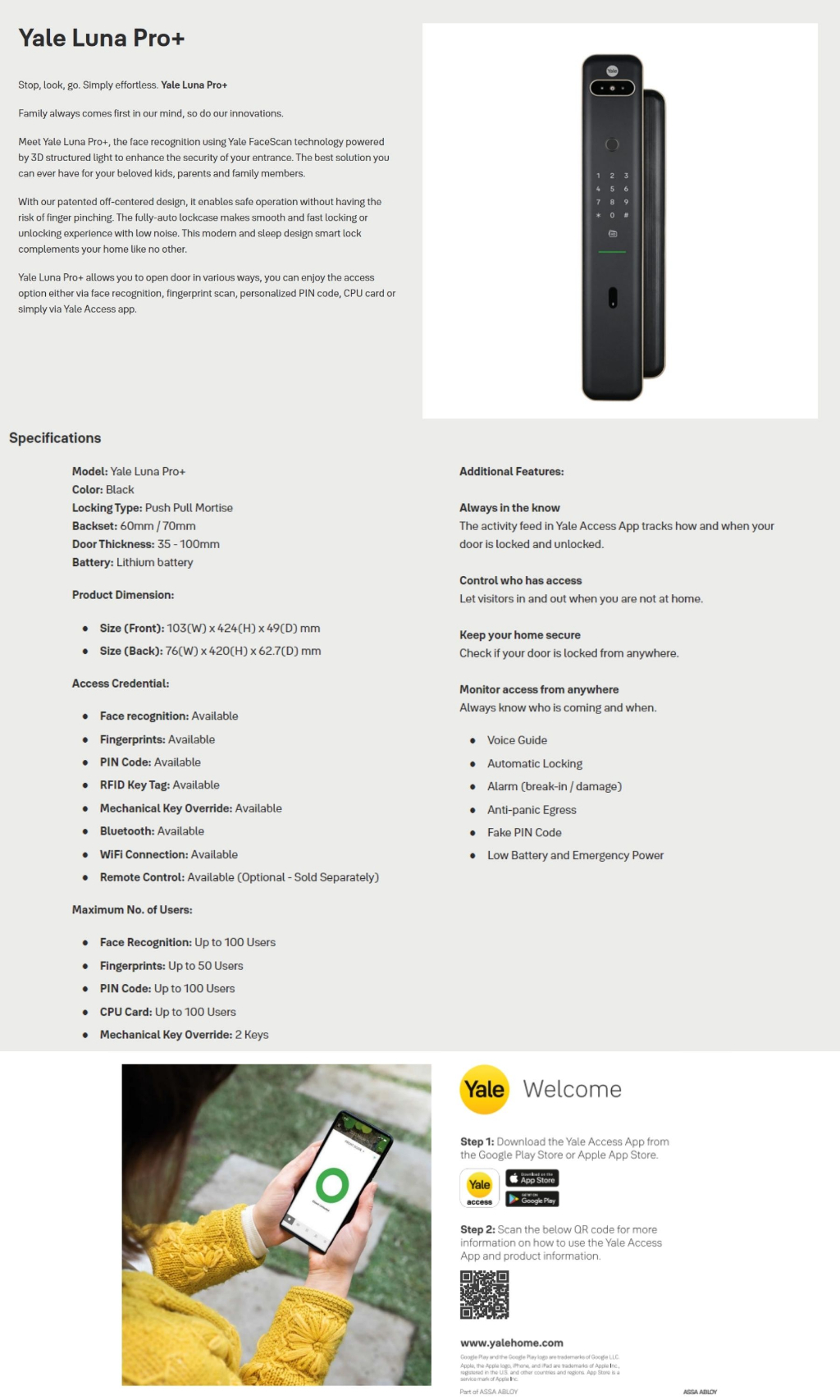 Yale Luna Pro+ Digital Door Lock with Facial Recognition (NEW Colour ...