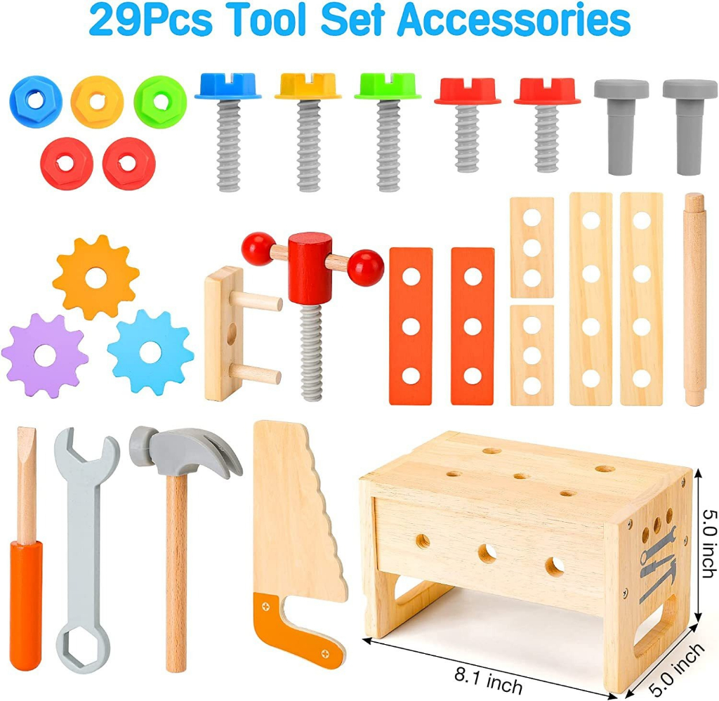 29 Pcs Wooden Tool Kit for Kids - Tool Set Educational STEM Toys ...