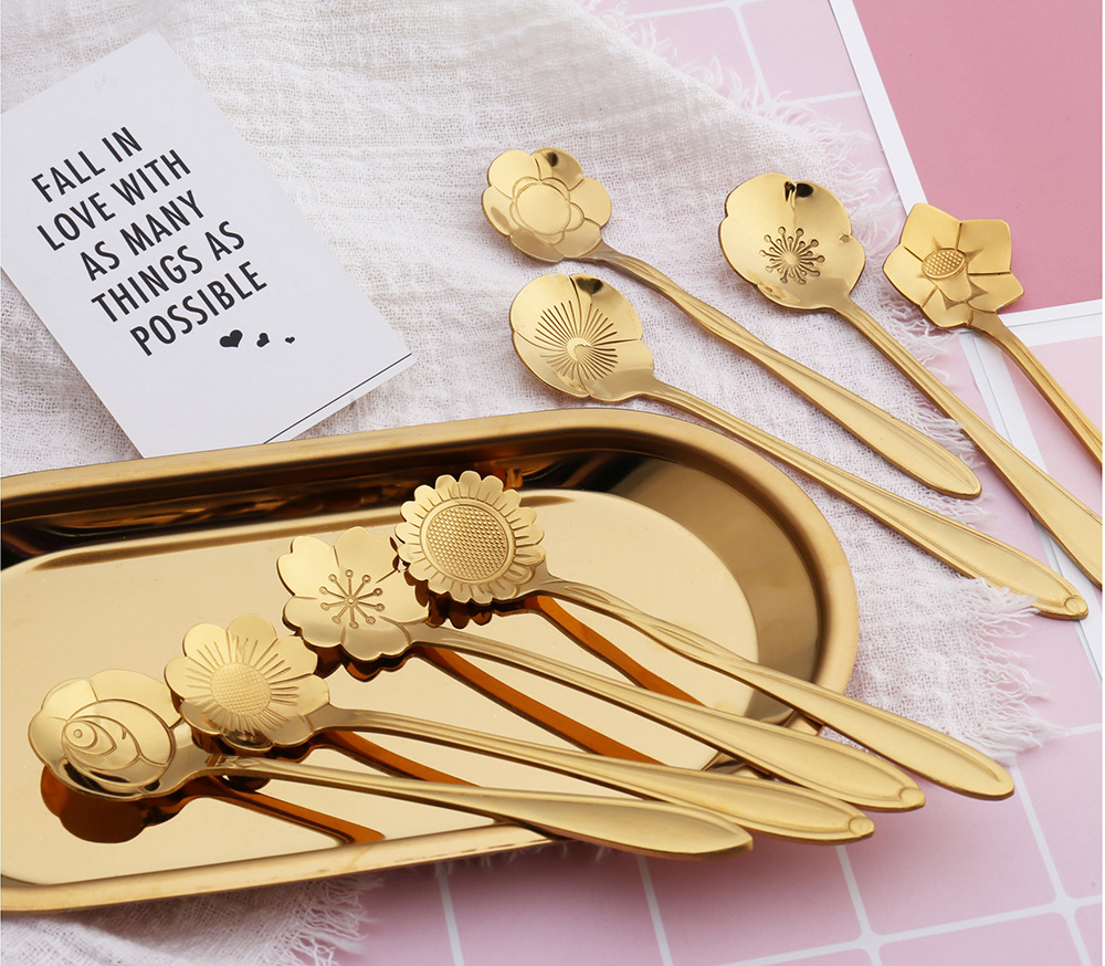 🇸🇬 Stainless Steel Flower Spoon Short Handle Home Dessert Stirring ...