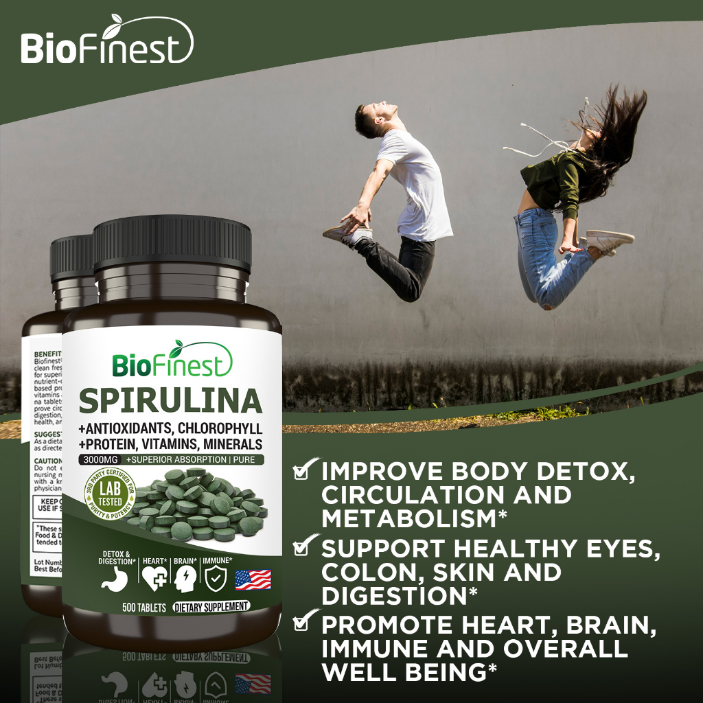 Biofinest Spirulina 3000mg Supplement - Alkaline Superfood Vitamin ...