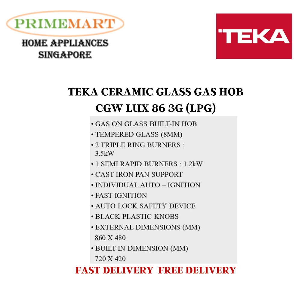 TEKA CERAMIC GLASS GAS HOB CGW LUX 86 3G - 1 YEAR WARRANTY - FREE ...