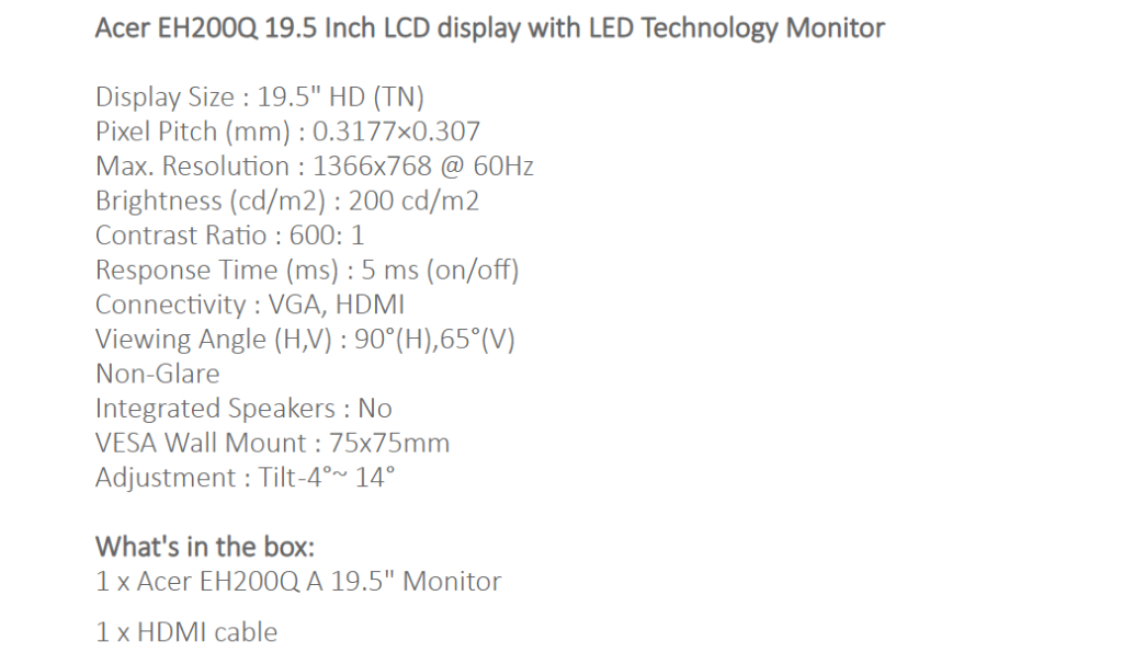 Acer EH200Q EH 200Q EH200 Q 19.5" HD Resp Time 5ms Refresh Rate 60hz (1 ...