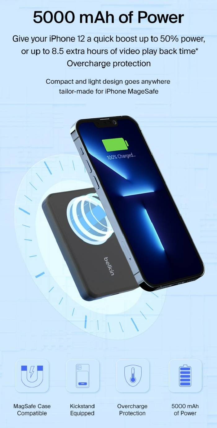 Belkin BPD004 BoostCharge Magnetic Wireless Power Bank 5K + Stand (apple watch,iphone,USB-C ...
