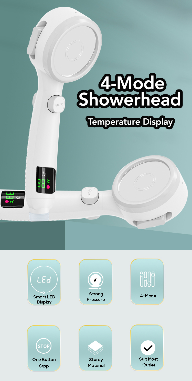 4-Mode Showerhead Temperature Display / One Button Stop Shower Head ...