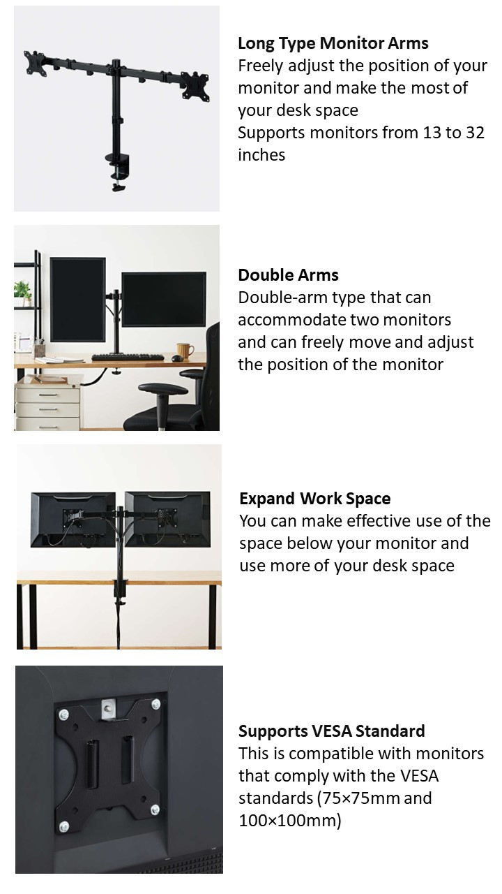 ELECOM Long Type Monitor Arms /2 monitors/Cable holders/VESA/5 axes ...