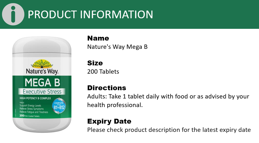 👍NATURE'S WAY Mega B 200 Tablets High Potency B Complex Boost Energy ...