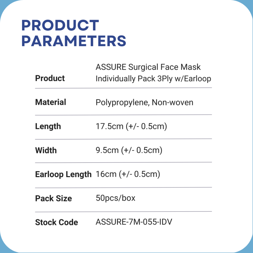 ASSURE Surgical Face Mask 3-Ply With Ear- Loop Individual Packed, 50 ...