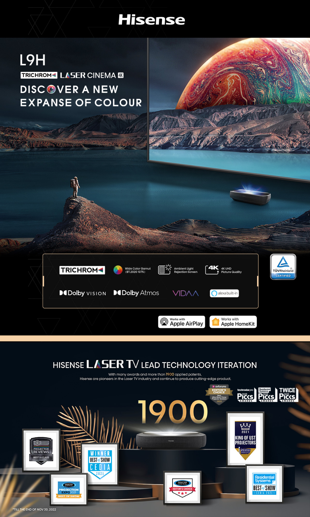 Hisense L9H 120 inch 4K Ultra Short Throw Laser Cinema TV + ALR screen | 3000 Lumens|BT2020 107% ...