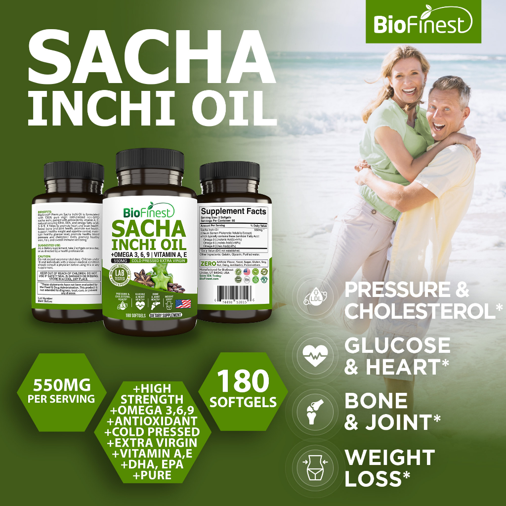 Biofinest Sacha Inchi Oil 550mg Supplement - Omega 3 6 9 Vitamin A E ...