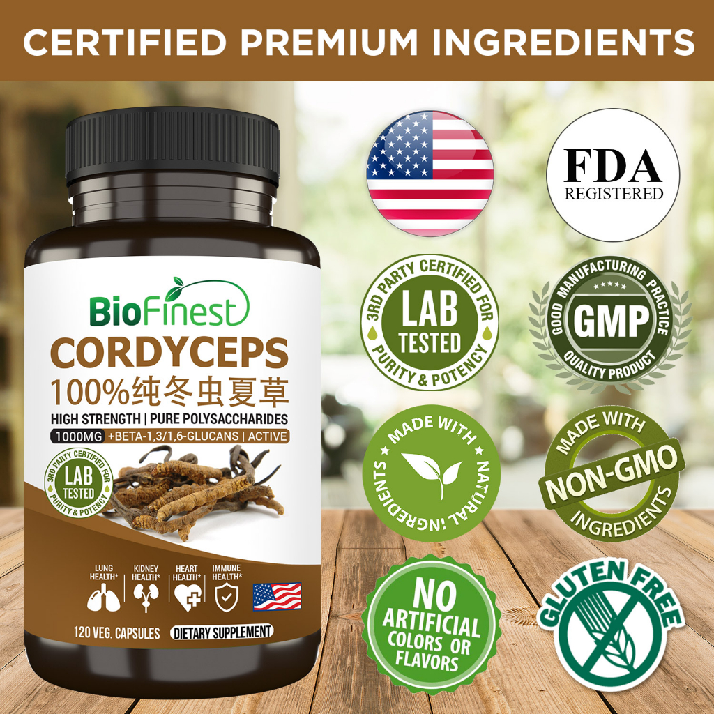 Biofinest Cordyceps Sinensis 1000mg Supplement - Asthma Cough Bronchitis Boost Energy Lung ...