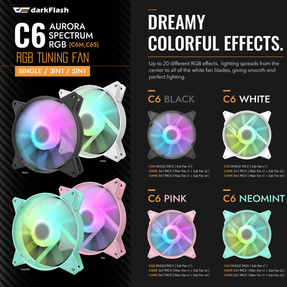 darkFlash ARGB Fan 120mm 3 Fans C6 PC Case Fan - C6 3in1 Fan Pack [4 ...