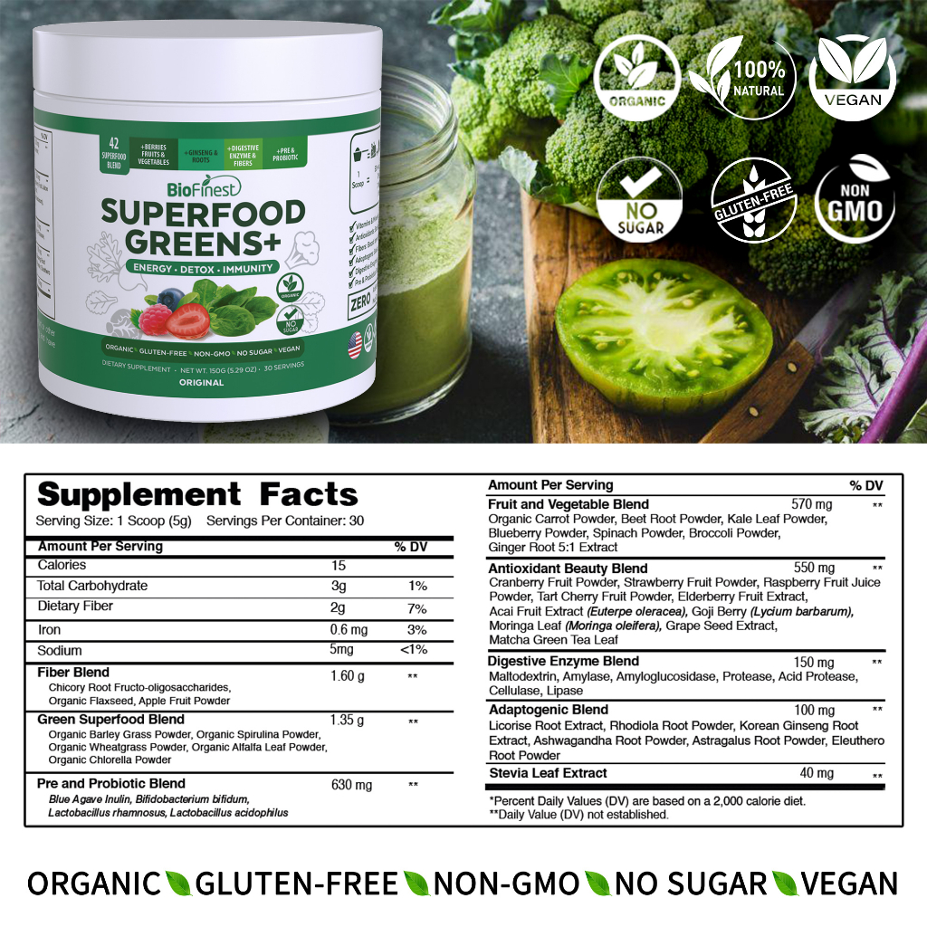 Biofinest Superfood Greens+ Powder Drink Probiotics Enzymes Fibers Acai ...