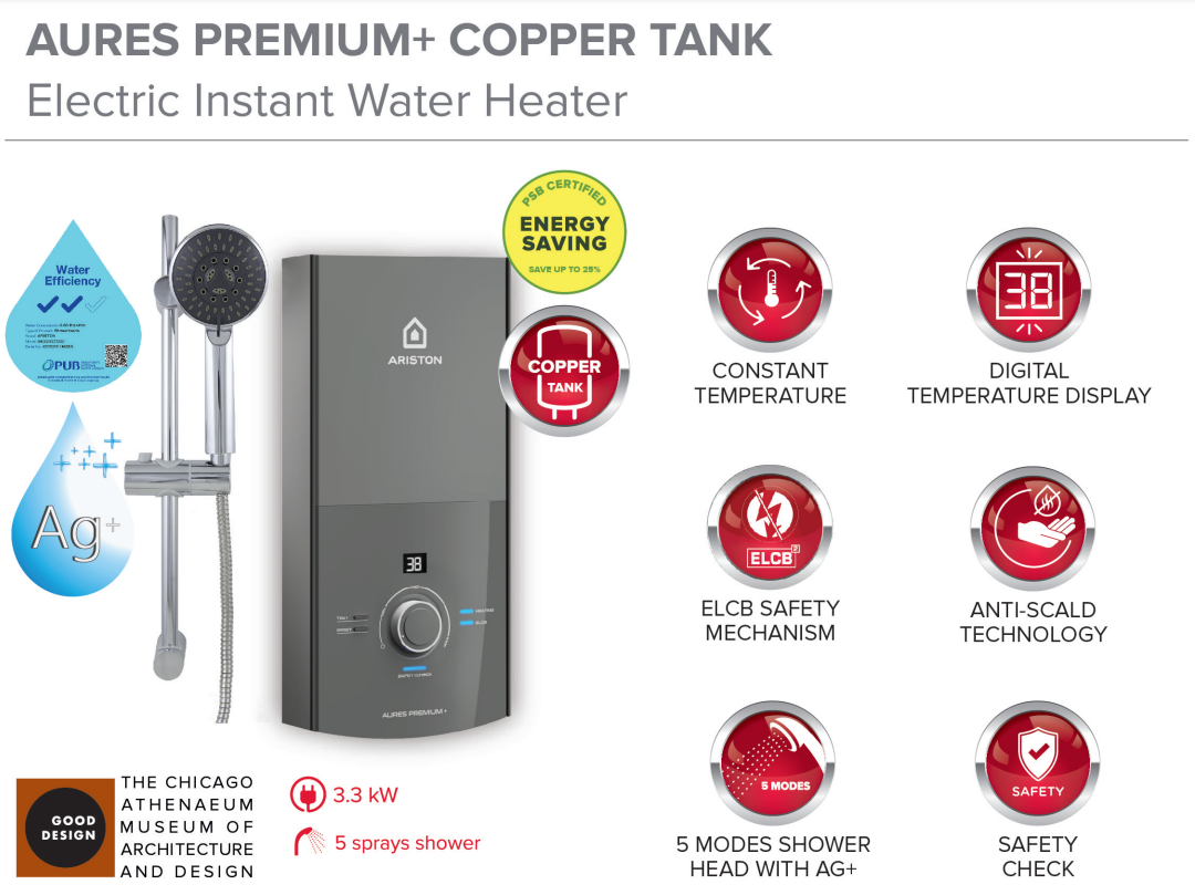 ARISTON ELECTIC INSTANT WATER HEATER BUILT IN ELCB DIGITAL TEMPERATURE ...