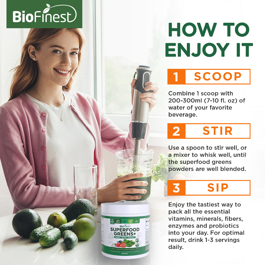Biofinest Superfood Greens+ Powder Drink Probiotics Enzymes Fibers Acai ...