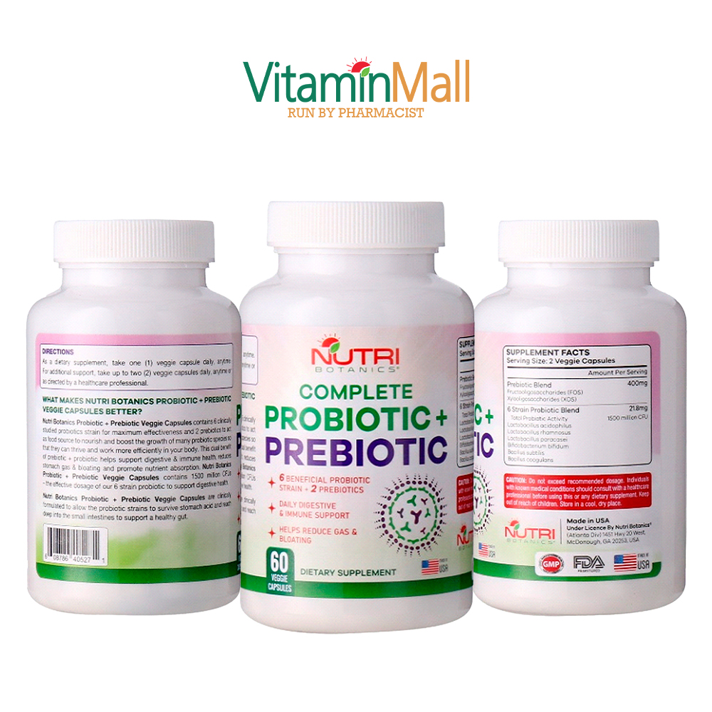Nutri Botanics Prebiotic Probiotic Supplement - 6 Strain Probiotics - Digestive Gut Health - 60 ...