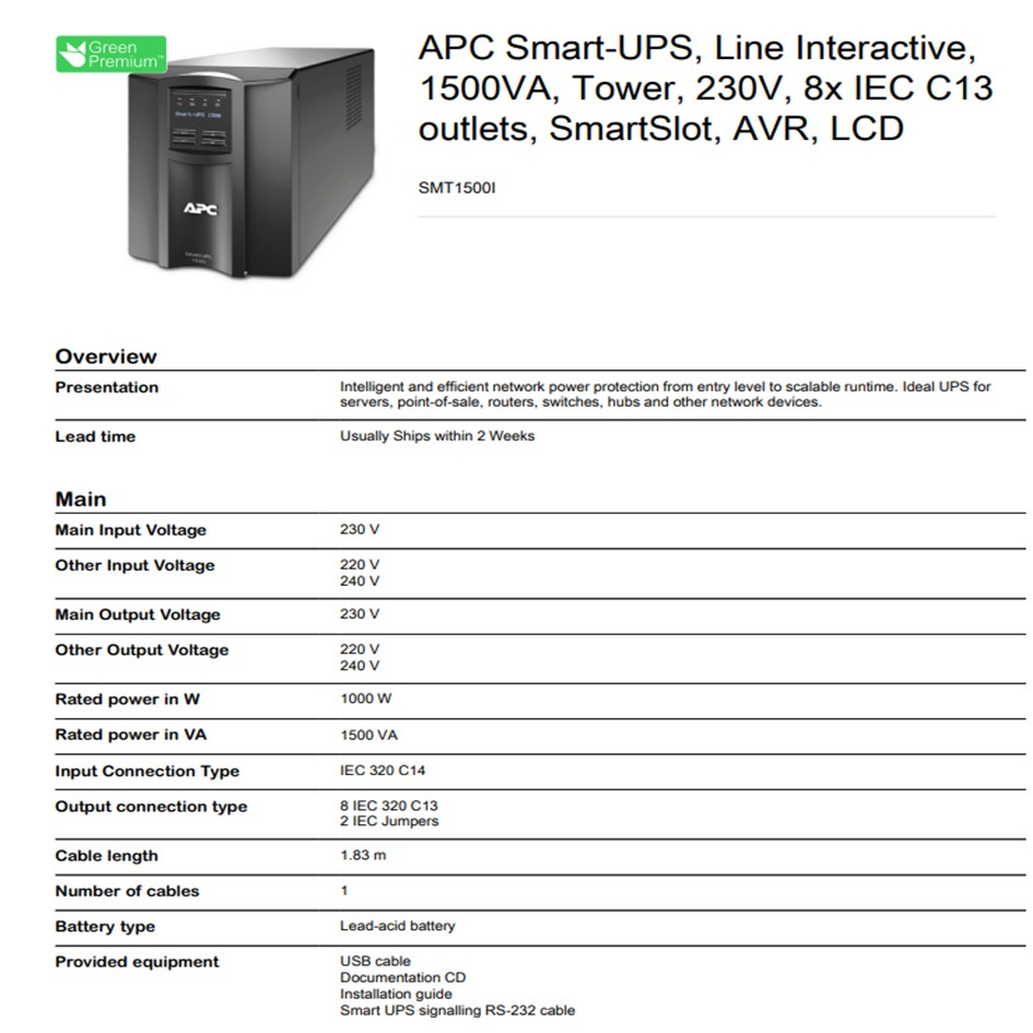 APC SMT1500I Smart-UPS, Line Interactive,1500VA,Tower,230V, 8x IEC C13 ...