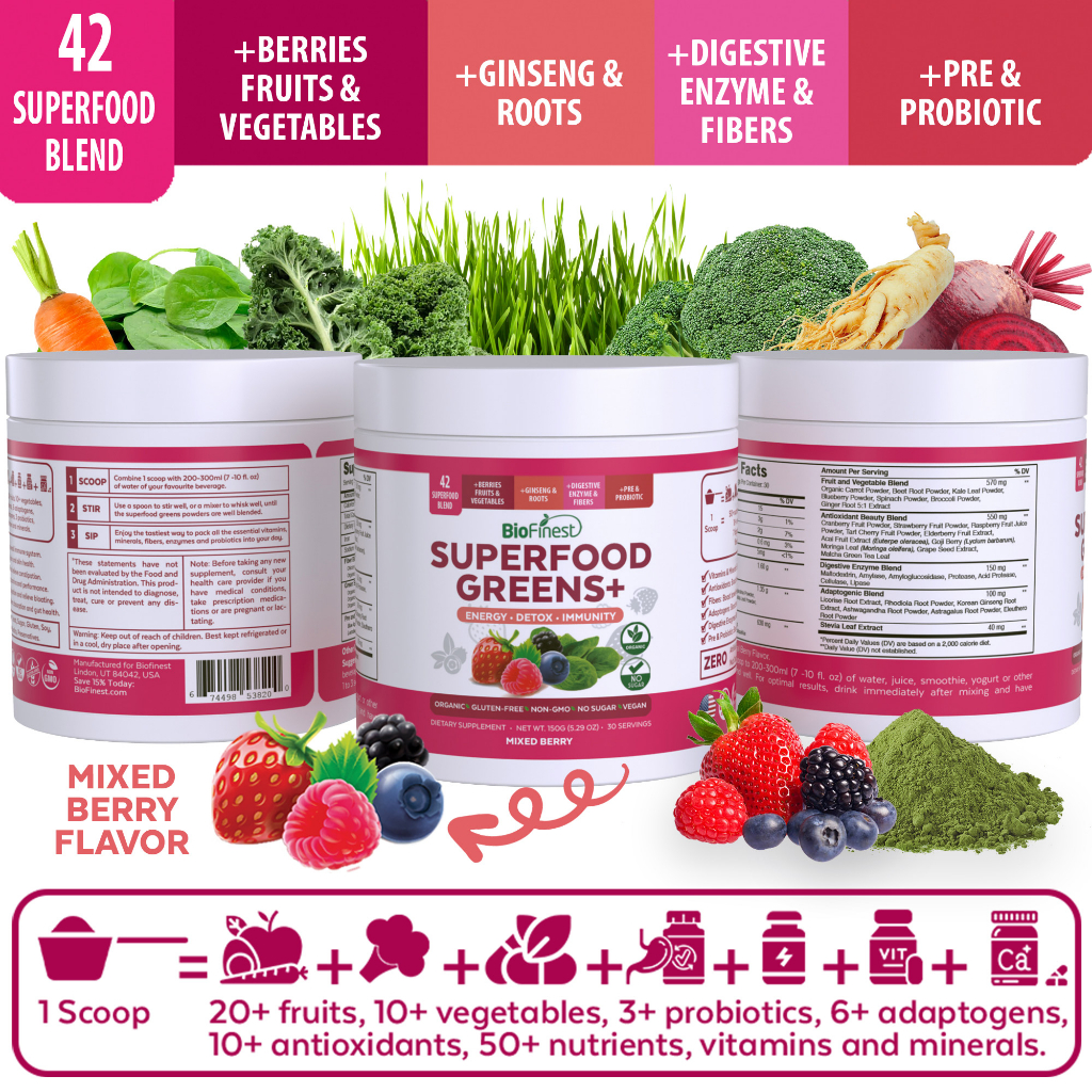 Biofinest Superfood Greens+ Powder Drink Probiotics Enzymes Fibers Acai ...