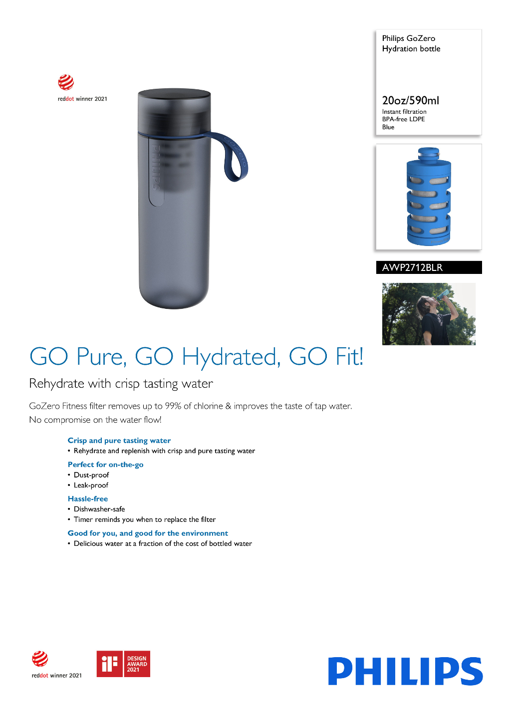 Philips AWP2712BLR/97 Go Zero Active Hydration Water Bottles | Shopee ...
