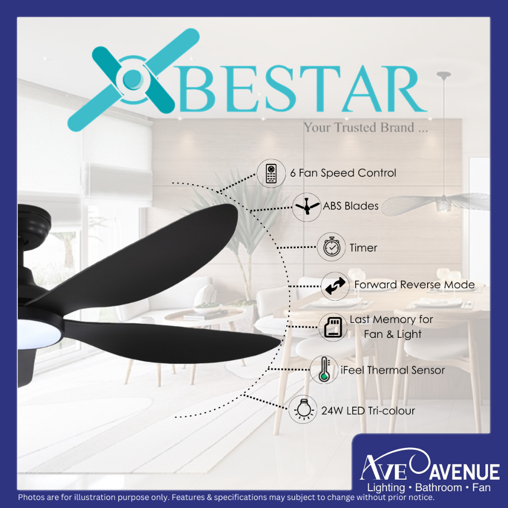 BESTAR Wind DC Motor 5 Blade 32/42/52 Inch Ceiling Fan with 3 Tone LED ...