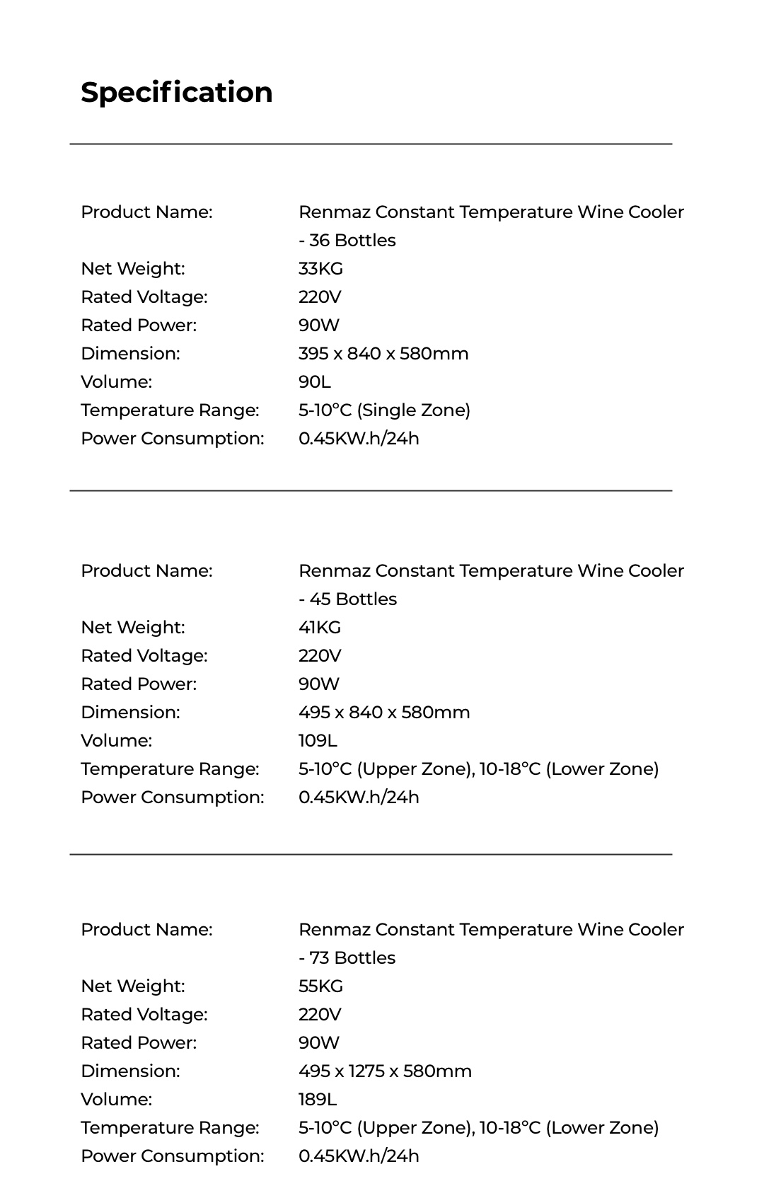 Renmaz Constant Temperature Wine Cooler 12/45/73 Bottle [Dual Zone, No ...