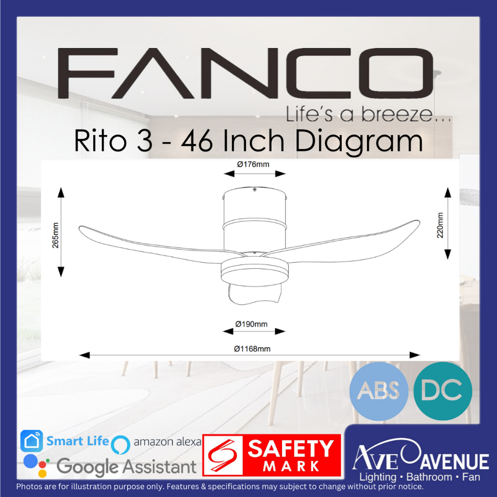 Fanco Co-Fan Rito-3 DC Ceiling Fan Smart Wi-Fi 3 Blade 46/52 Inch with ...
