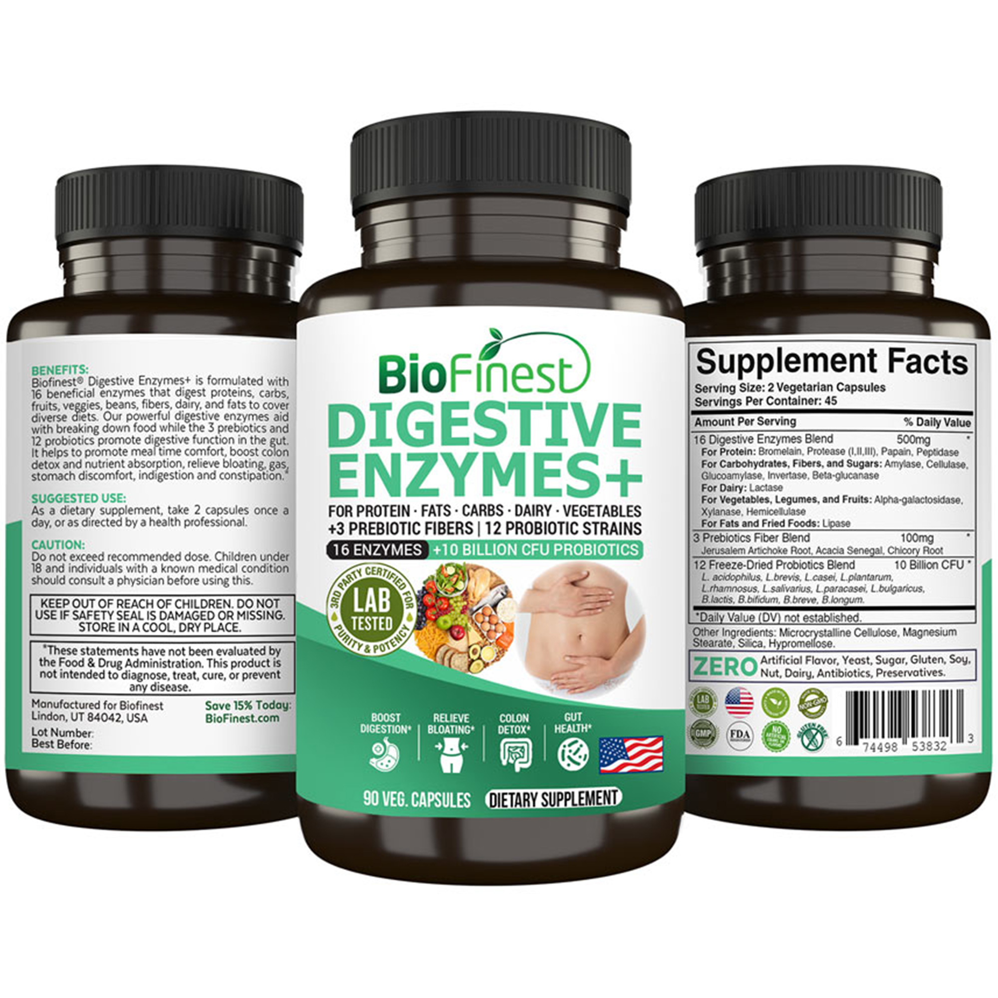 Biofinest Digestive Enzymes Supplement - 3 Prebiotics 12 Probiotics ...
