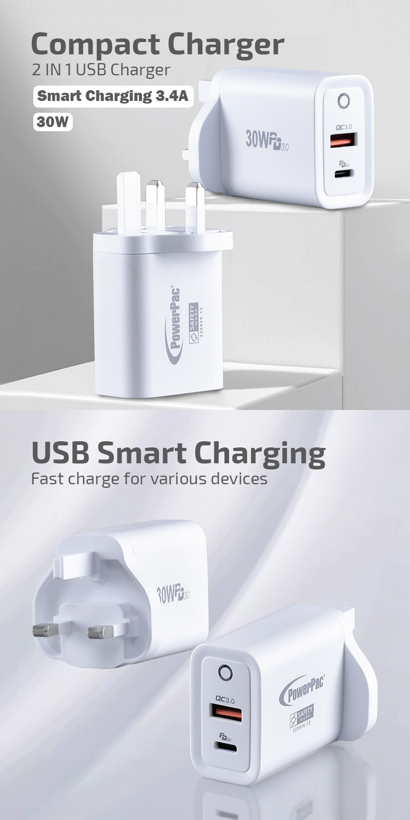 PowerPac Charger Fast Charge QC3.0, PD 3.0 USB Smart Charger, TYPE A ...