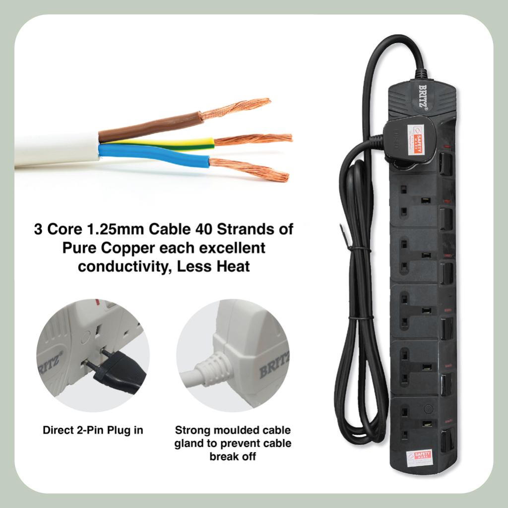 BRITZ 2M Extension Socket Cord Overload Protection ( 2 Metre ) 2/ 3/ 4 ...