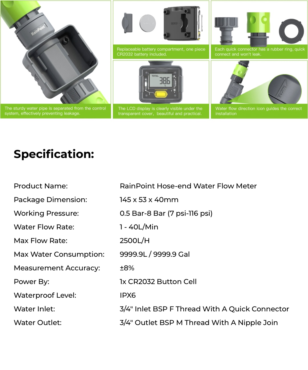 RainPoint Hose-end Water Flow Meter [ Real-Time Monitor, Gallon / Litre ...