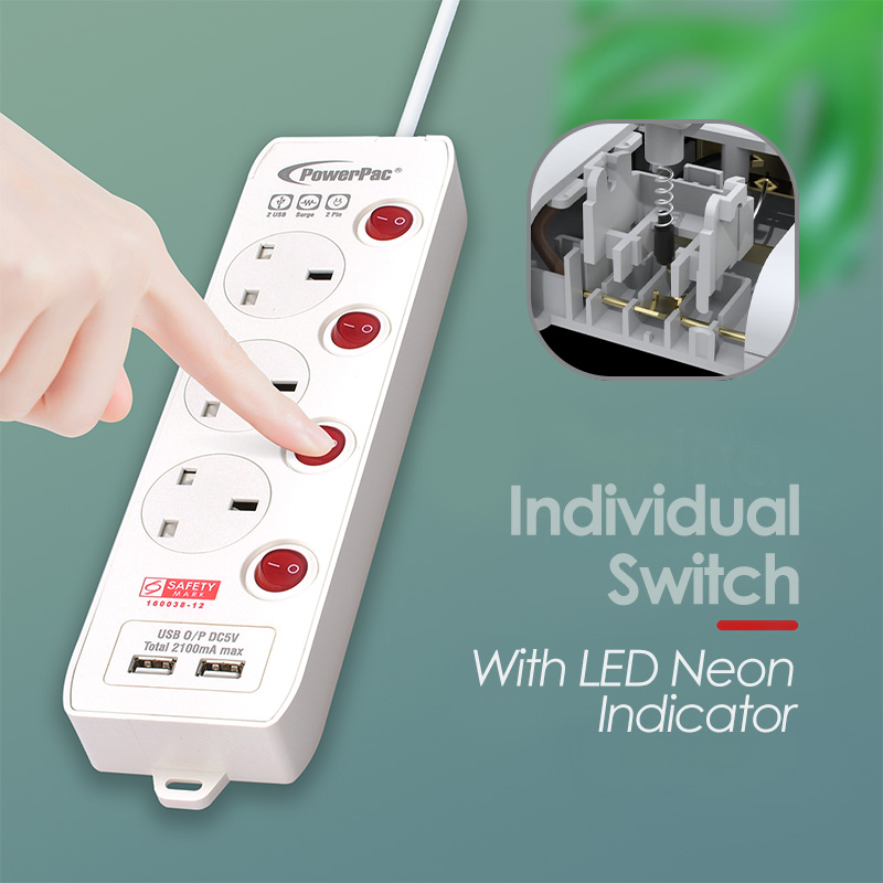 PowerPac Extension Cord, Extension Socket, Power Cord 3 Meter 3way with ...