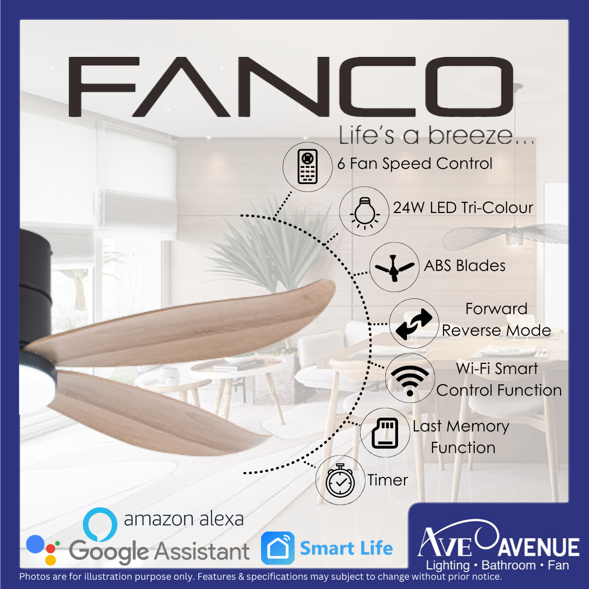 Fanco Co-Fan Rito-5 DC Ceiling Fan 5 Blade 48/54 Inch LED n Remote ...