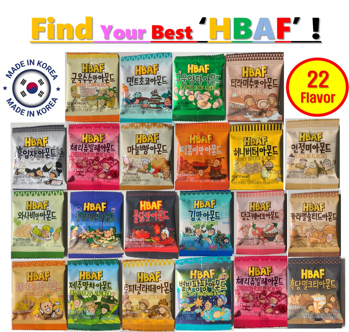 HBAF, Honey Butter Almond +22 Flavor /Lowest Price 100g~130g /Korean Seasoned Almond Snack ...