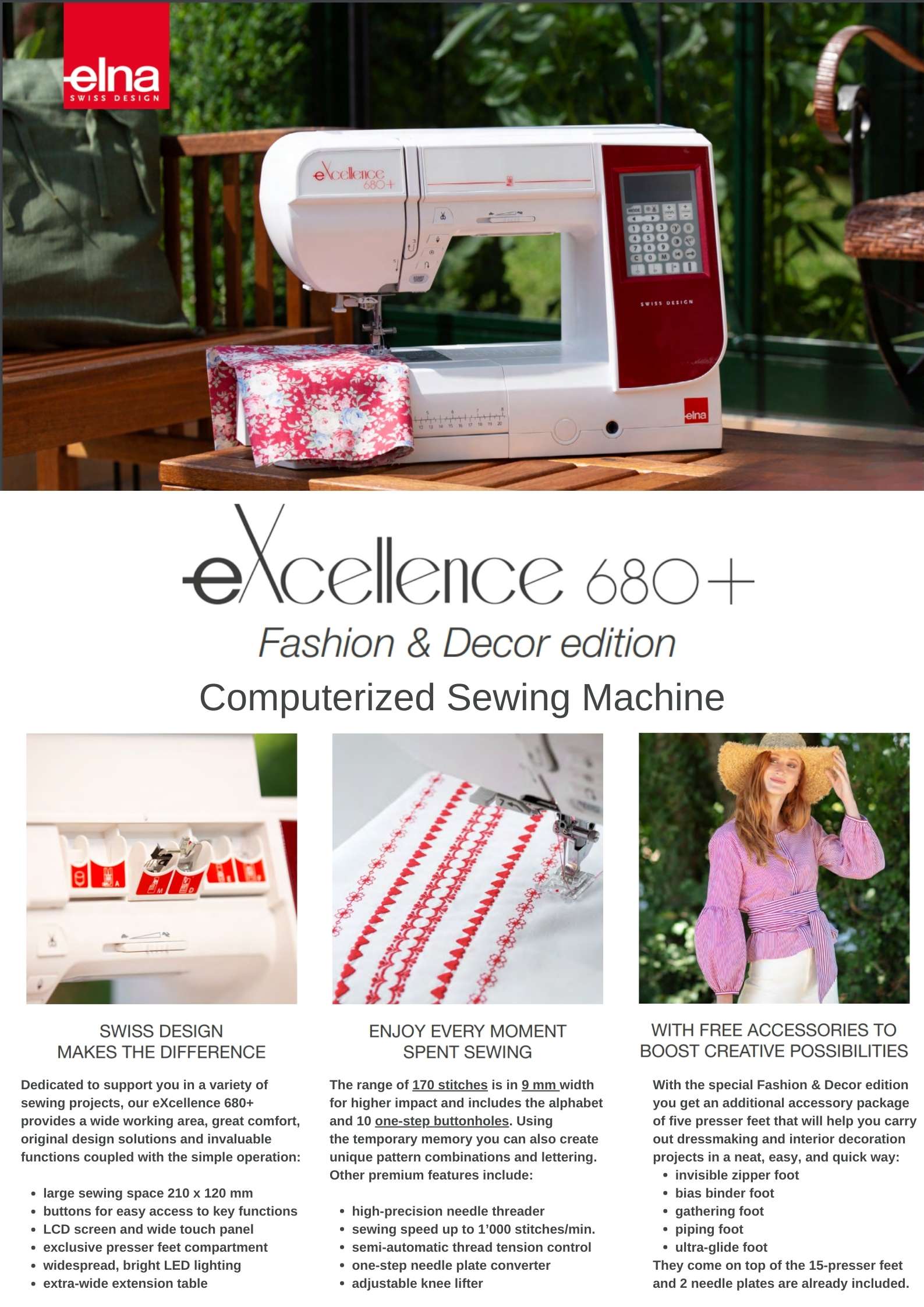 (1 to 1 Training, 9mm Stitch Width) Elna 680+ Computerized Quilting and ...