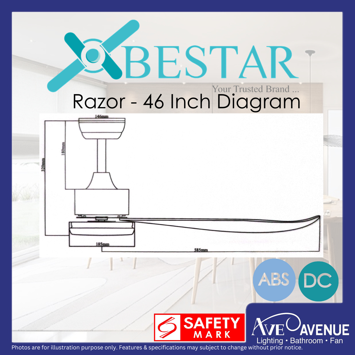 BESTAR RAZOR Smart WiFi DC Motor 46/54 Inch Ceiling Fan 3Blade with ...