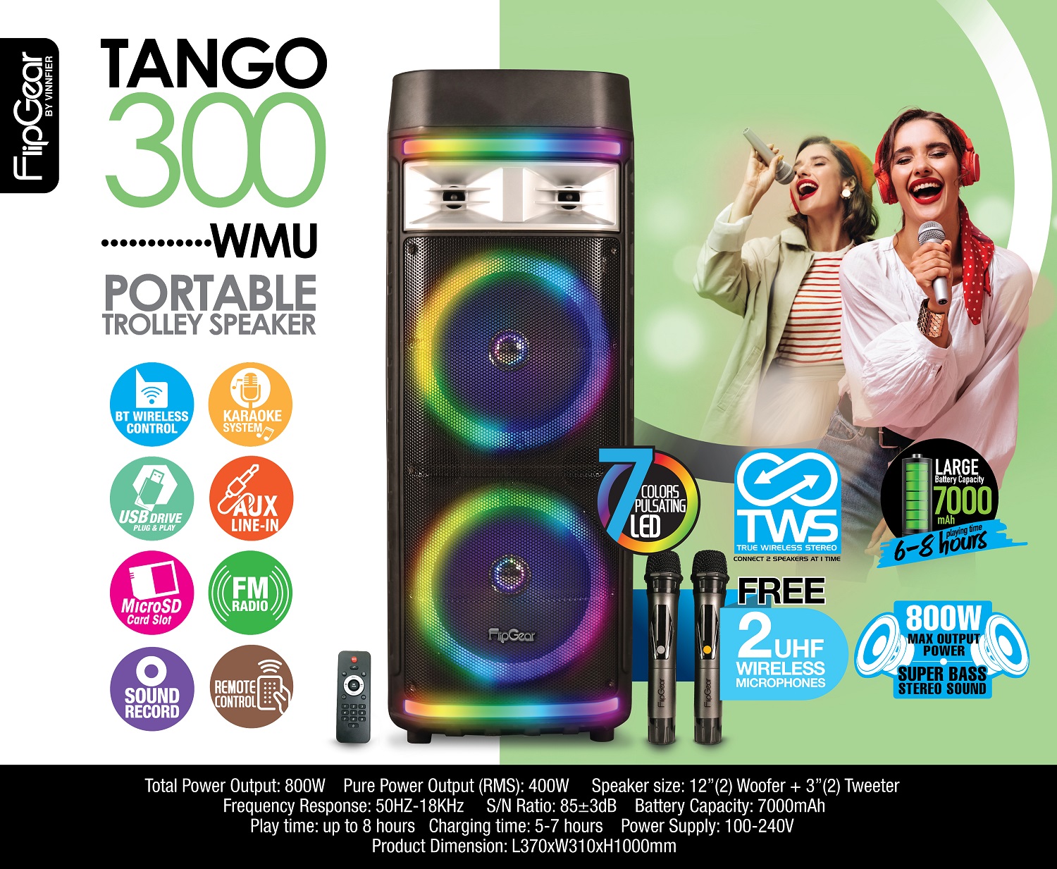 Vinnfier Tango 300 WMU 2021 Wireless Bluetooth Trolley Portable Speaker with Wireless Handheld ...