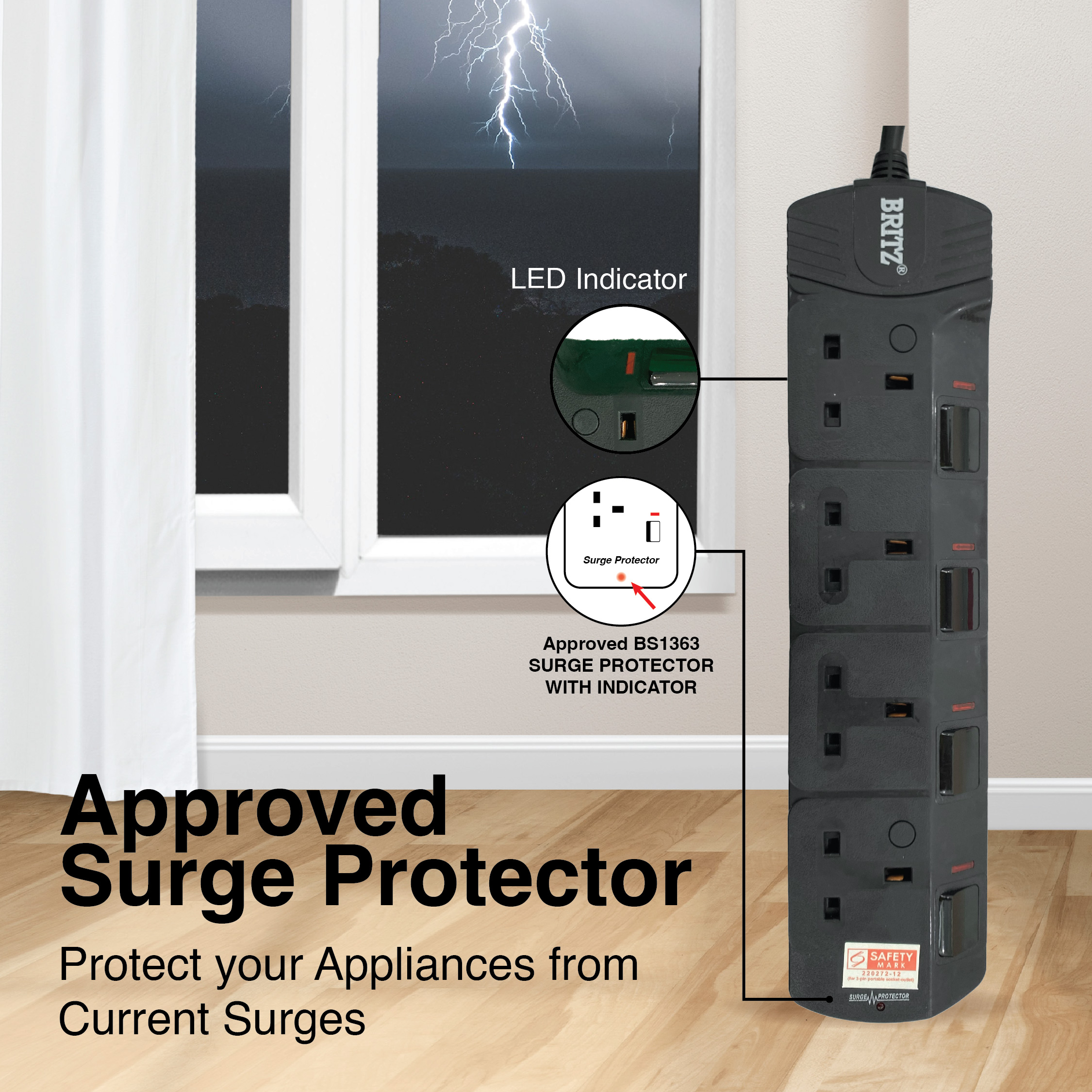 BRITZ 3 Meters Black Extension Socket Cord Plug Bar , Surge Protector ...