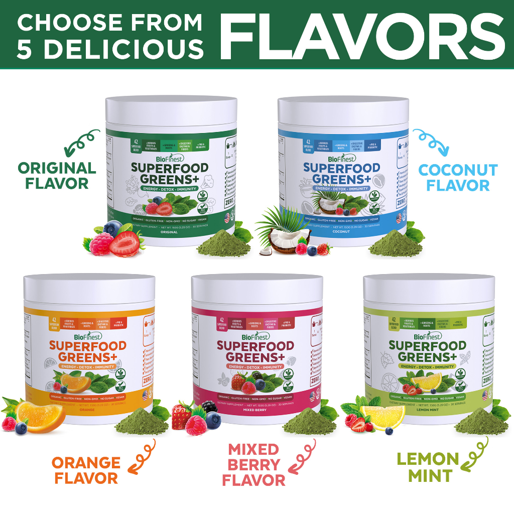 Biofinest Superfood Greens+ Powder Drink Probiotics Enzymes Fibers Acai ...
