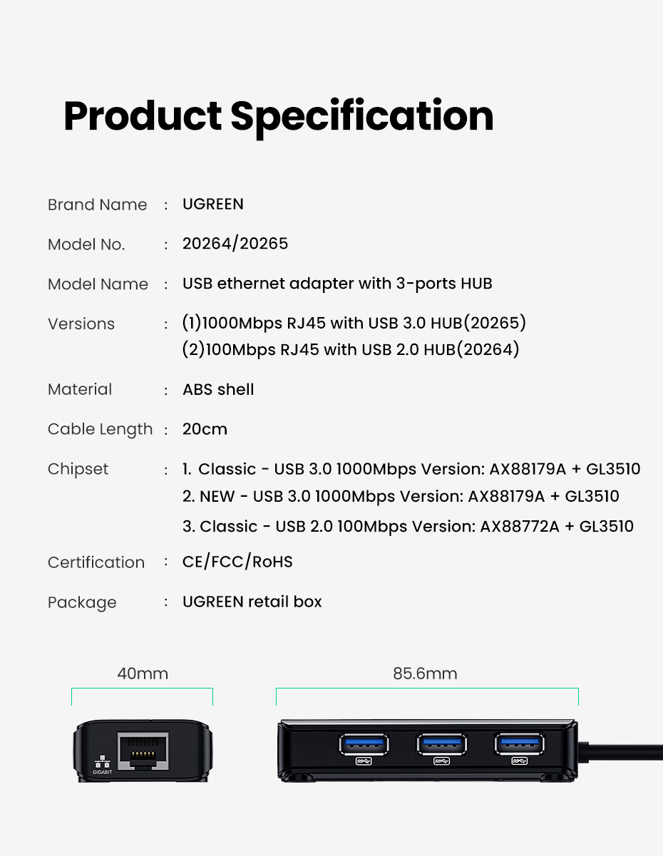 UGREEN Network Adapter USB Gigabit Ethernet Adapter with USB 3.0 Hub ...