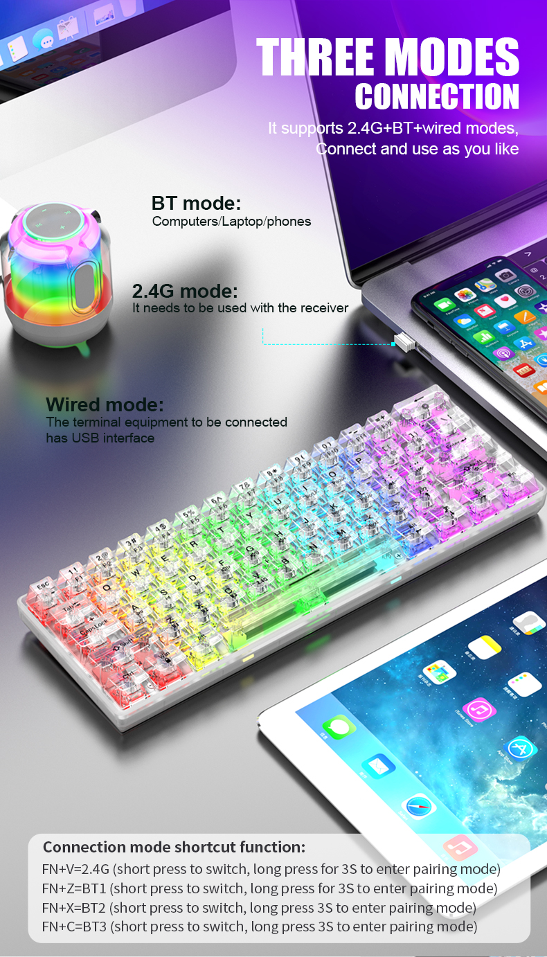 Transparent Wireless Keyboard Bluetooth Mechanical 61 Keys Keyboard for ...