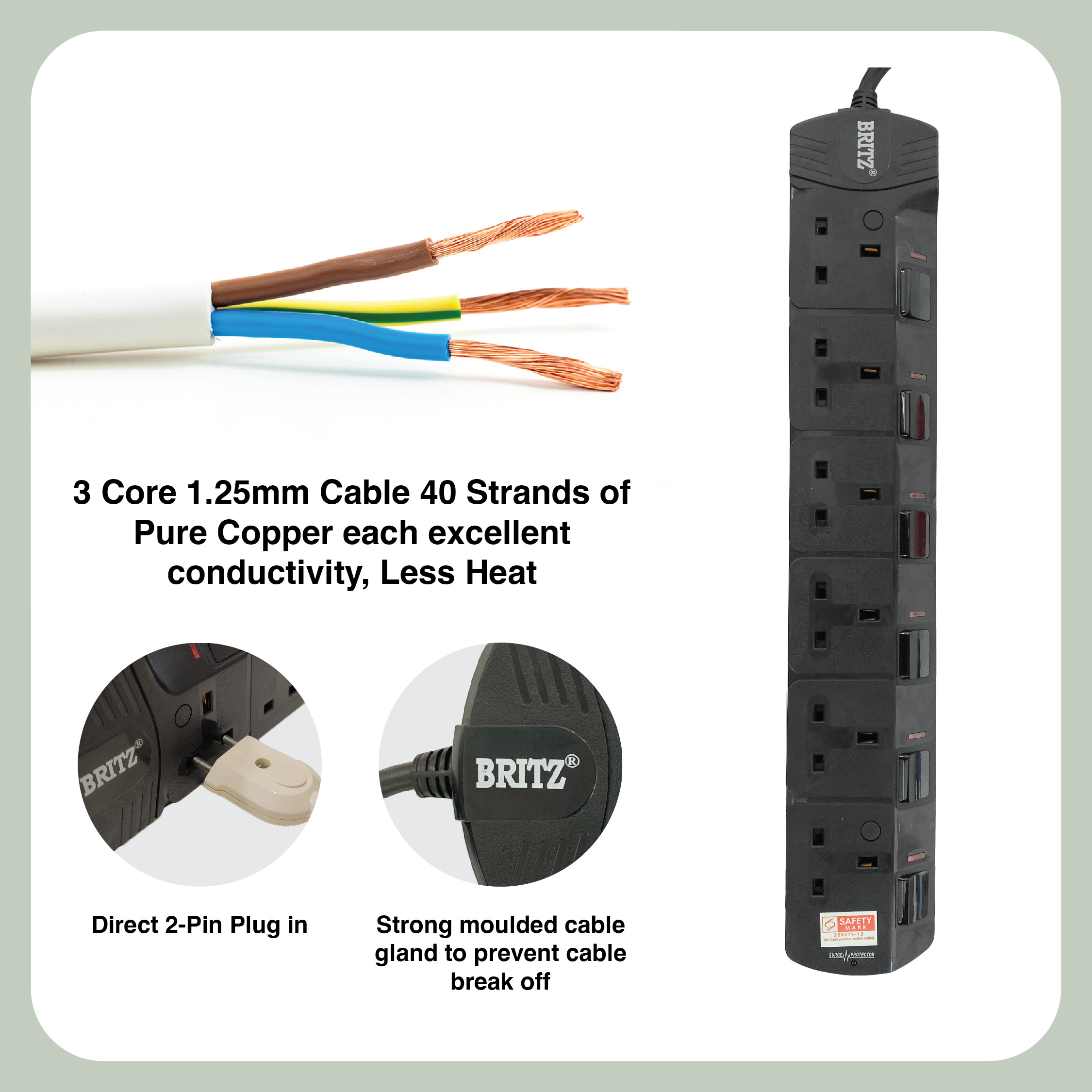 BRITZ 3 Meters Black Extension Socket Cord Plug Bar , Surge Protector ...