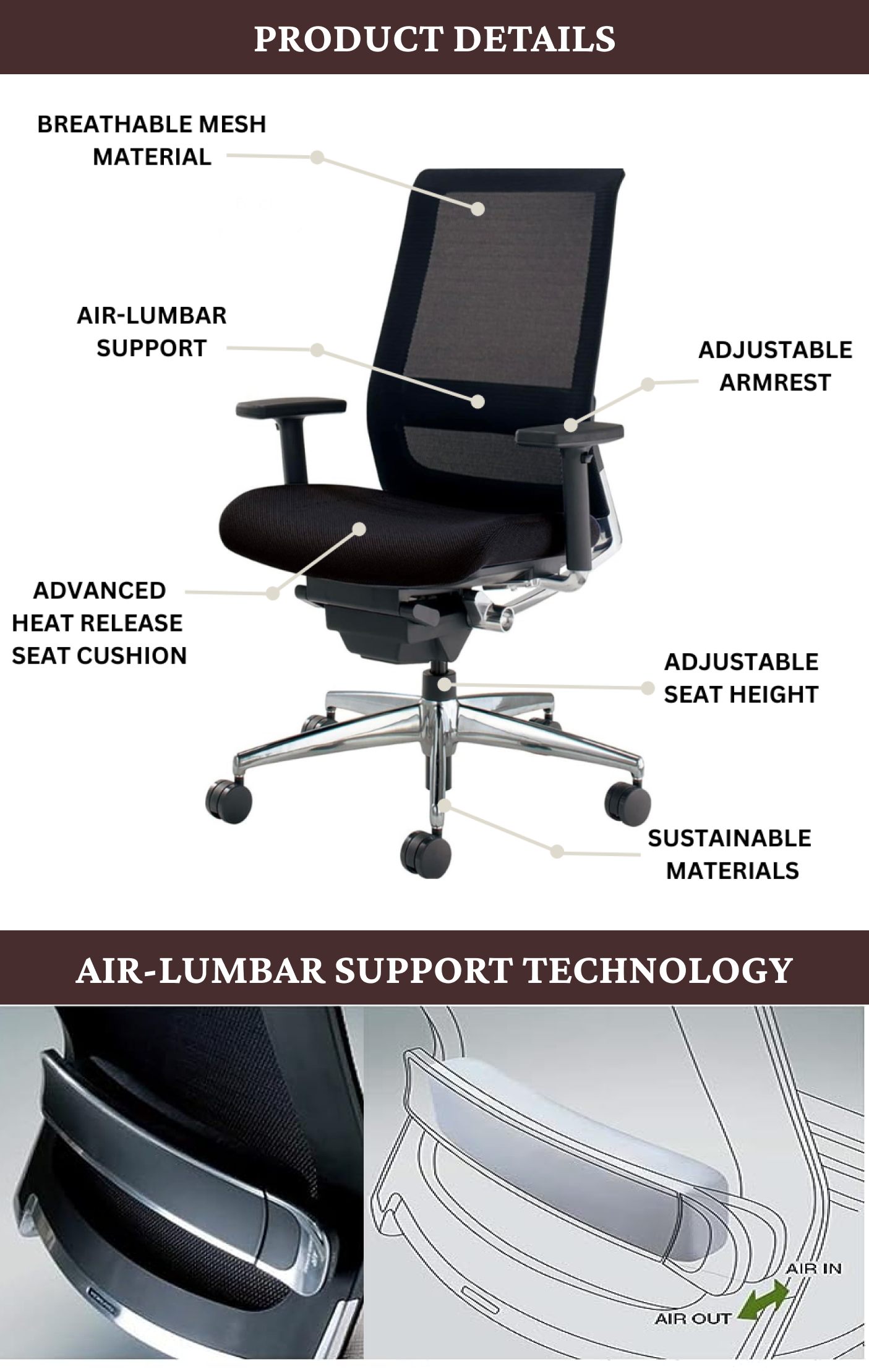 KOKUYO AIRFORT Air Lumbar Ergonomic Office Chair (Black) - For Home and ...
