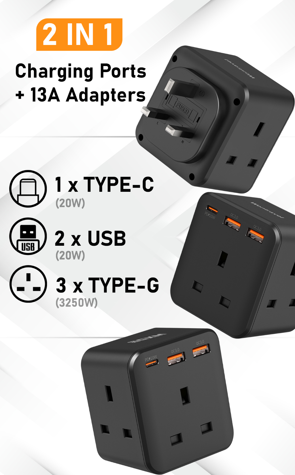 GXM 20W 13A 3-Way Multiway Adapter Wall Charger with 3 USB Ports Type-C ...
